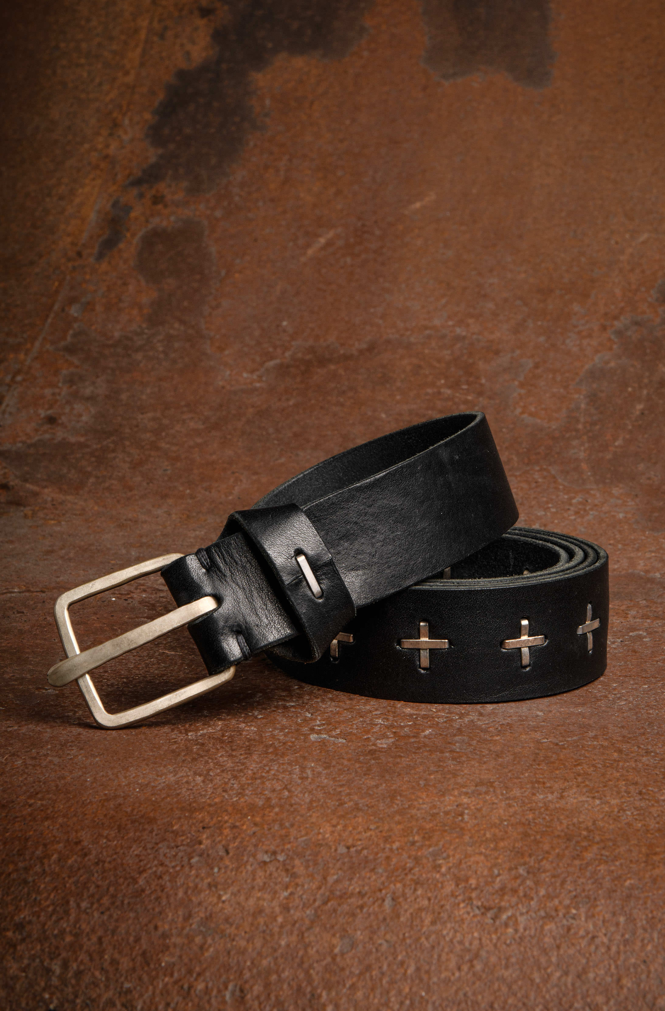 MA+ EQ2E Silver Cross Studded Full Grain Cow Wide Leather Belt ...